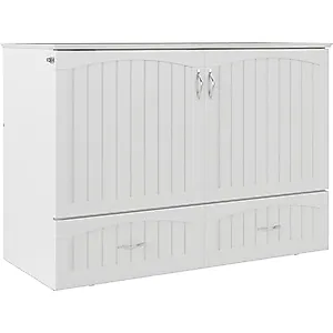 HomeStock Baroque Bonanza Murphy Bed Chest with 6 Inch Memory Foam Folding Mattress, Built-in Charging Station and Storage Drawer, Full, White