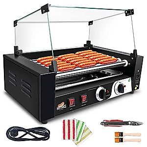 1400W Hot Dog Roller Machine, Dual Temp Control Commercial Electric Contact Grills with Removable Stainless Steel Drip Tray and Cover, 18 Hot Dog 7 Rollers,Sausage Grill Cooker for Party Kitchen Restaurant