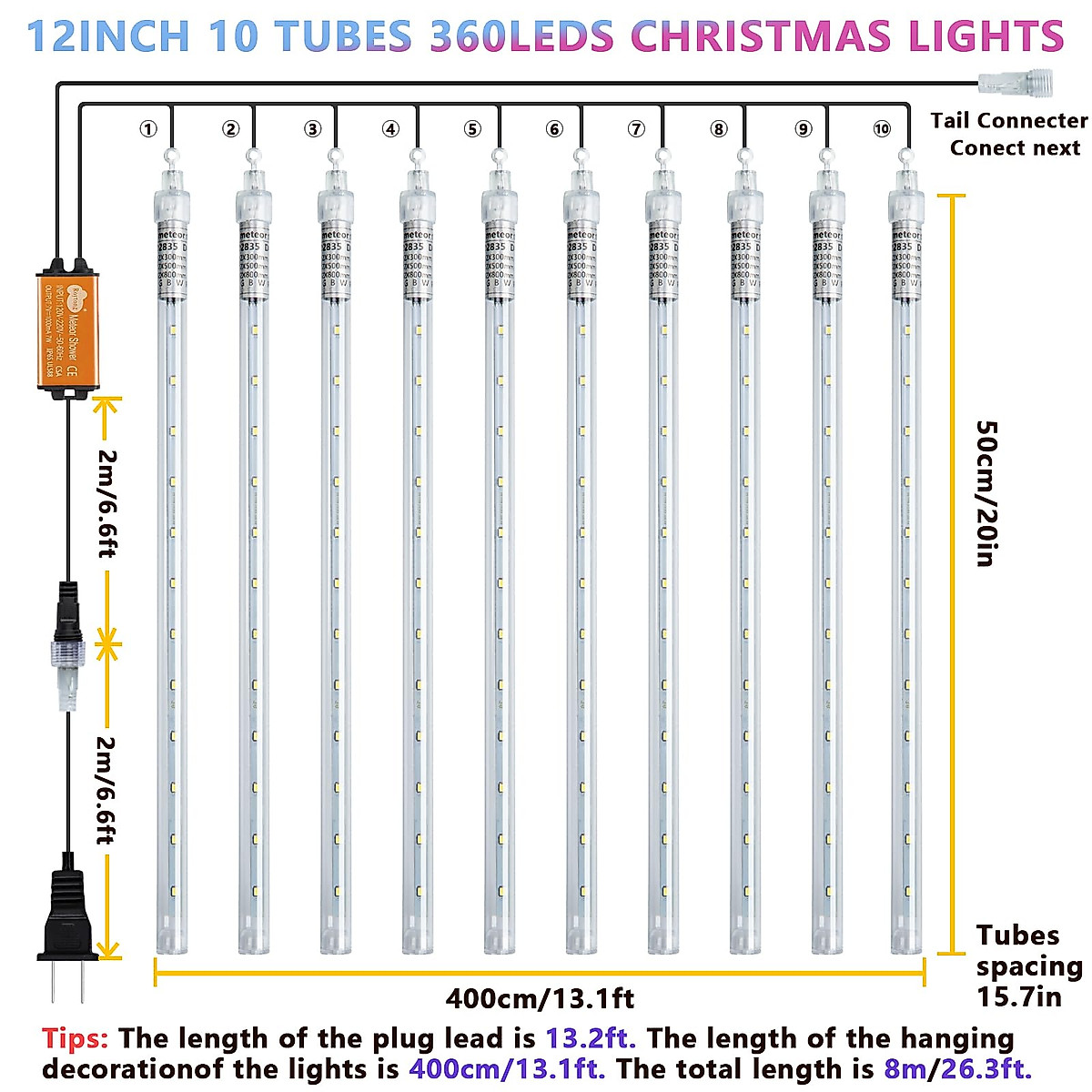 Roytong Waterproof Cascading LED Meteor Shower Rain Lights, 12 Inch 10 Tube 360 LED Outdoor for Holiday Party Wedding Christmas Tree Party Tree Decoration (Purple, 20Inch 10Tube 540LED)