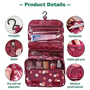 Aosivm Hanging toiletry bag for Women,makeup travel bag,with Jewelry Organizer Compartment,Large Cosmetic Bag Travel Organizer for Bathroom Shower Accessories (Wine red, Large)