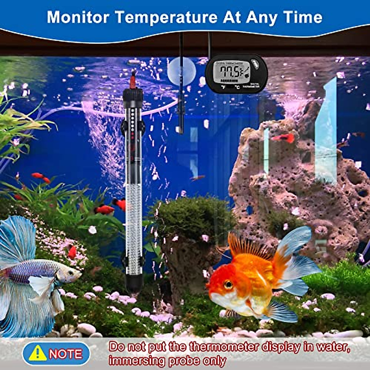 2 Pack 300W Submersible Aquarium Heater, Adjustable Temperature Fish Tank Heater with Thermometer, Protective Case and Suction Cup for 40-90 Gallon Saltwater Freshwater Fish Tank, Turtle Tank