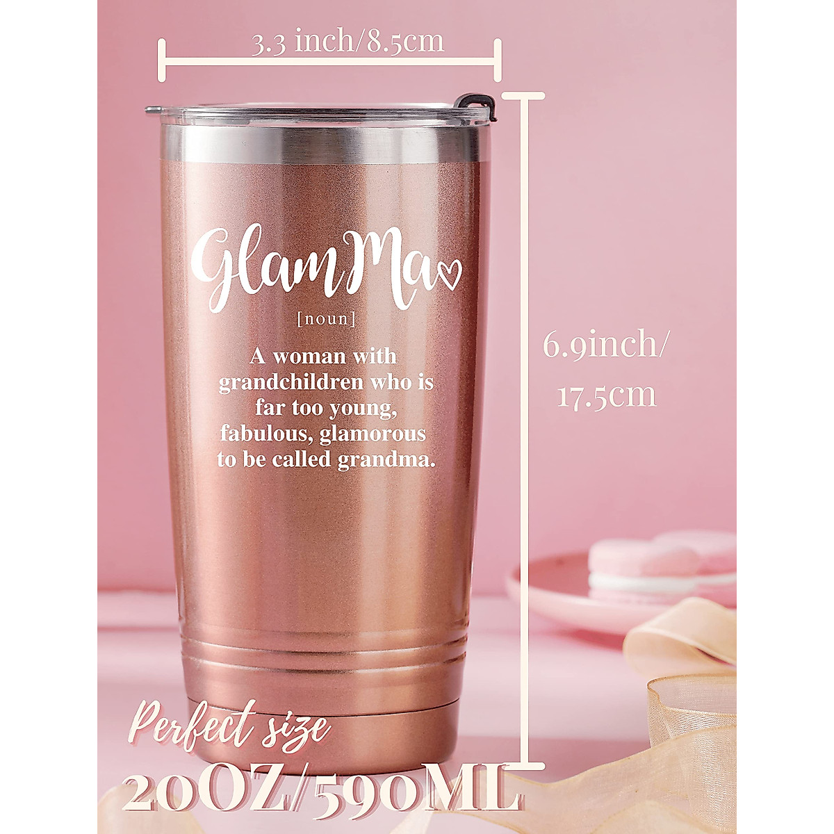 Onebttl Grandma Gifts, Insulated Stainless Steel Wine Tumbler with Lid, For Nana, Mimi, Gigi, Granny, Grammy, Nanny, Birthday/Mother’s Day gifts, Rose Gold, (20 oz) Glamma