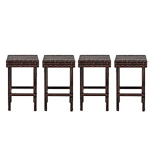 24 inch Counter Height Rattan Wicker Bar Stools Set of 4, Bistro Pub Backless Barstools, Kitchen Dining Room Chairs, Indoor Outdoor Furniture (Brown)