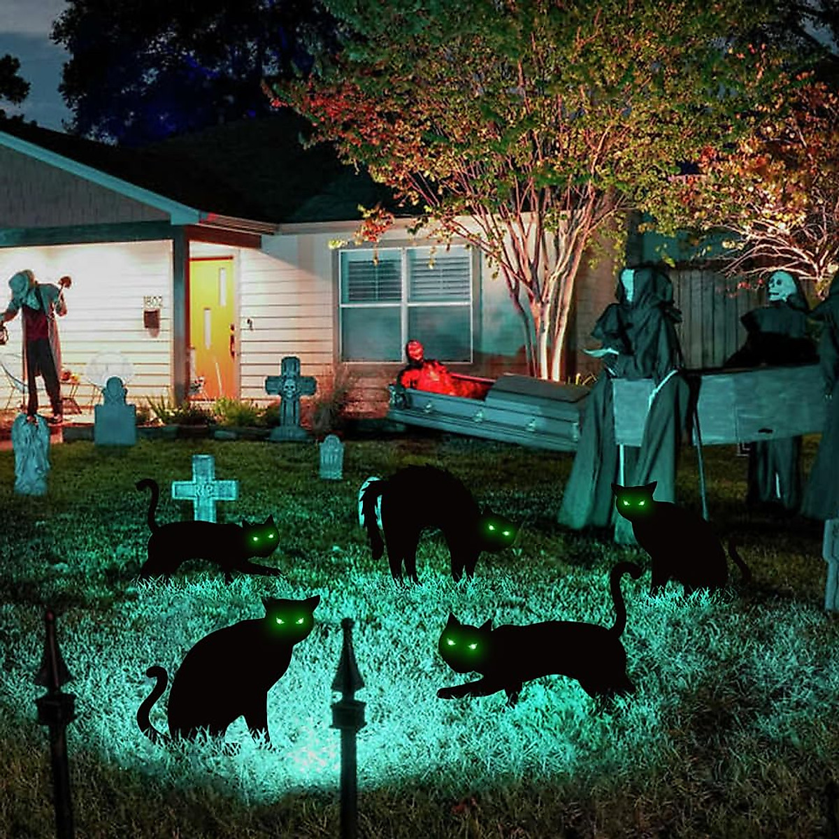 Ivenf Outdoor Halloween Decorations, 5ct Black Cat Yard Decor with LED Lights in Eyes, Scary Cat Silhouette Signs with Stakes, Waterproof Corrugated Plastic, Lawn Decorations for Home School Party