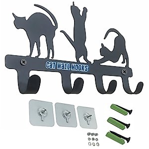 PandS Cute Cat Key Holder Coat Hooks - Decorative Black Metal Wall Hooks with Adhesive Stick On Hooks, Wall Damage Free, 9.45 x 6.3 inches