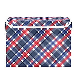 DOMIKING Blue Red Plaid Storage Basket with Lid Collapsible Storage Bins Decorative Lidded Storage Boxes for Toys Organizers with Handles for Books Shelves Nursery Office
