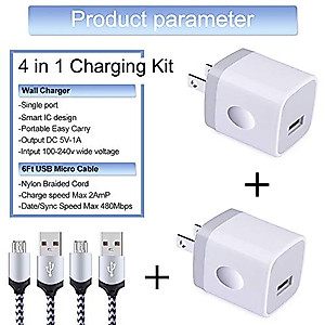 USB Wall Charger Micro USB Cable,4Kit Charging Block USB Charger Cube Plug with Android Micro Cord Cable Compatible Samsung Galaxy S7 Edge A10 A6 M10 J7 J8 S6 S5 Note 5 4, LG, HTC, Moto, Android Phone