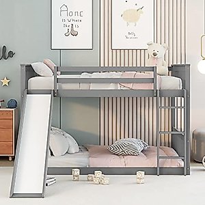HomSof Solid Wood Full Over Full bunkbed with Slide，Full-Length Safety Guardrails,No Box Spring Needed,Grey