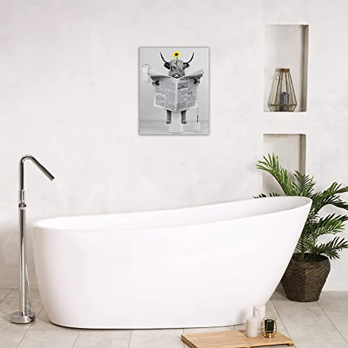 FOTRIC Highland Cow Reading Newspaper In Toilet Canvas Print Country Cow and Sunflower Wall Art Painting Bedroom Bathroom Framed Wall Decor (Wooden frame8''x10'',A)