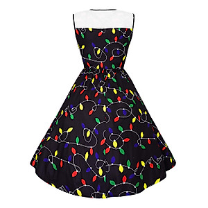 UNIFACO Women Plus Size Christmas Dress Sleeveless High Waist Lace Round Neck Funny Color Bulb Print Flared Swing Aline Black Dress