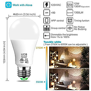 UCB Alexa Light Bulb 130W Equivalent, Smart Light Bulbs Warm White to Daylight Tunable, A19 E26 Bluetooth LED Bulbs for Bedroom Kitchen Living Room Office（4 Pack）