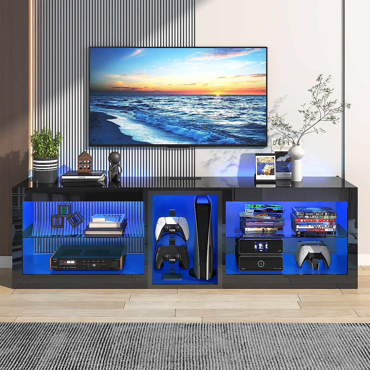 Vinctik 6&Fox High Gloss LED TV Stands w/Power Outlet,60,000-Colors Lighting for 55 60 65inch TV,Modern Black LED Entertainment Center w/Adjustable Glass Shelves for Living Room Gameroom Bedroom