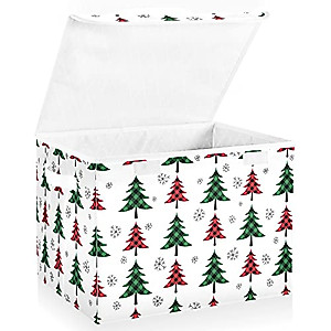 WIHVE Storage Bin with Lids Christmas Tree Plaid Snowflake Foldable Storage Boxes with Handles