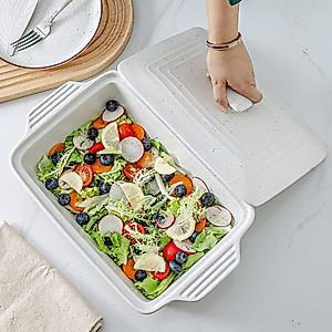 HVH Ceramic Casserole Dish with Lid Oven Safe, 9x13 Casserole Dish, Covered Rectangular Casserole Dish Set, 3.5 Quart Large Casserole Dish, Baking Dishes for Casseroles, Farmhouse Style (White)