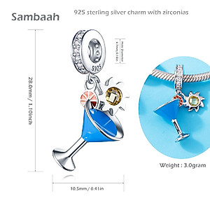 Sterling Silver Cocktail Drink Charm, Martini Glass Charm Summer Beach Theme, Fruit Lemon Dangle Charm with Cubic Zirconia for Women Pandora Style Bracelets