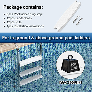 Goovilla Pool Ladder Steps Replacement, (6-Pack) 18" Universal Heavy-Duty Molded Plastic Swimming Pool Ladder Rung Step with 12 PCS Stainless Steel Bolts for Inground and above Ground Pools, White