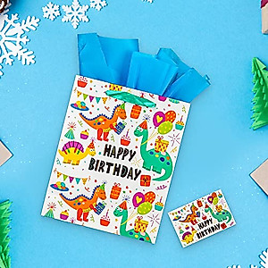 12.6" Large Happy Birthday Gift Bags with Tissue Papers and Card for Boys Girls and Kids(Dinosaur)