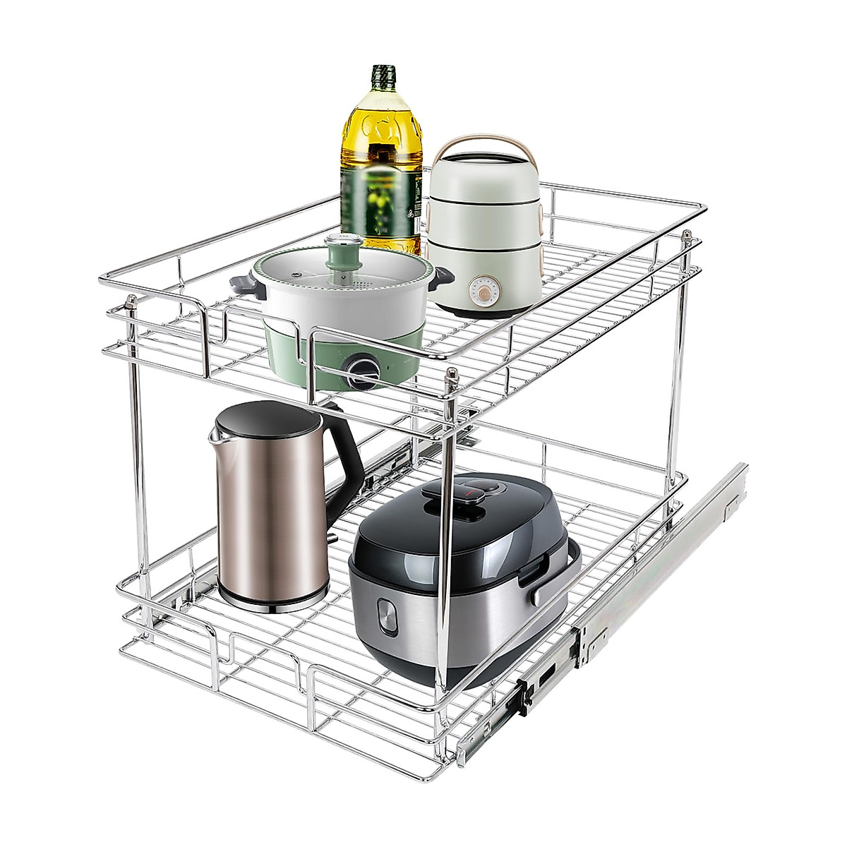 BILPIKOGoo 2-Tier Pull Out Cabinet Organizer(13.5" W X 21.5" D), Slide Out Basket Kitchen Cabinet Organizer, Cabinet Pull Out Shelves, Kitchen Cabinet Storage Sliding Shelves