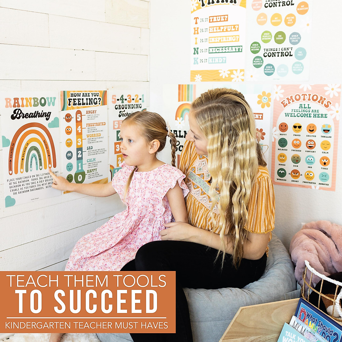 8 Calming Corner Posters For Classroom Must Haves For Teachers - 11x17" Calm Down Corner Supplies, Feelings Chart For Kids Ages 4-8, Toddler Emotions Chart, Retro Classroom Decor