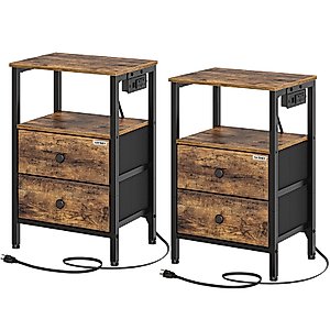 YATINEY Nightstands Set of 2, Dorm Night Stand with Charging Station, Bedside Tables with 2 Non-Woven Drawers, Side Table for Dorm Room, End Table for Small Spaces, College, Living Room ET02L2BR