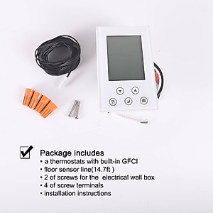 Programmable Thermostat for Radiant Underfloor Heating, Dual-Voltage(120/240v), Dual Sensing(Air and Floor Sensor) Built-in Class A GFCI White