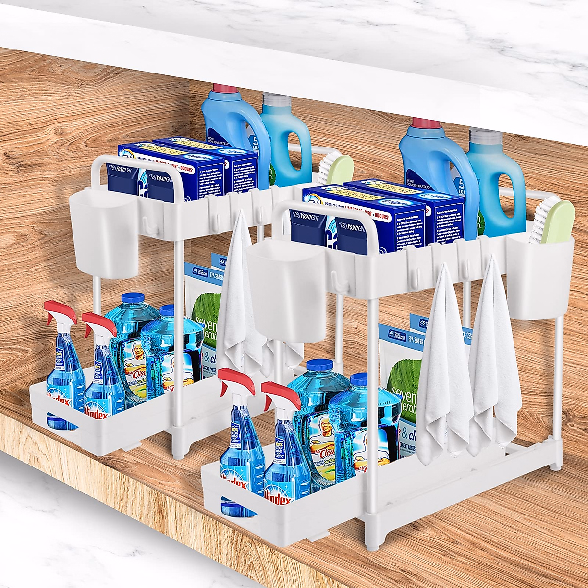 2 Pack Under Sink Organizers and Storage, 2 Tier Under Bathroom Storage Rack with 6 Hooks, Multi-purpose Storage for Bathroom Kitchen Cabinet, White