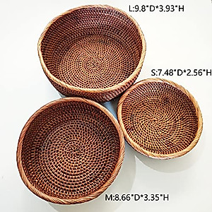 AMOLOLO 3 Pack Round Rattan Bowl Basket, 8 9 10 Inch Handmade Wicker Basket Tray with Scalloped Edge and 3”Deep Wall, Woven Dark Brown Bread Basket Fruit Bowl Key Holder Table Centerpiece, 3-Size