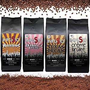 InfuSio Gourmet Ground Coffee, (64oz) Variety Pack, Eight 8oz Bags (Pack of 8) - 4lbs Total - (French Roast/Colombian/City Roast/Costa Rica) With Flavored Blends (Pecan/Hazelnut/Vanilla/Creme Brulee)
