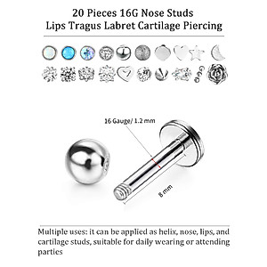 Sumind 20 Pieces 16g Tragus Piercing Jewelry Body Nose Piercing Labret Bars Crystal Style Ball for Women Men,20 Styles(Silver, AB Color, 8 mm)