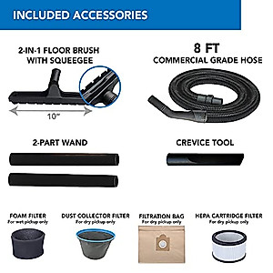 BIDZ 5 Gallon, Powerful 5 Peak HP Motor, 63.5'' Water Lift Suction Power, Heavy-Duty Stainless Steel Semi- Commercial Shop Vacuum System, Commercial Grade 8FT Hose, Black (WD-512-SS-BIDZ)