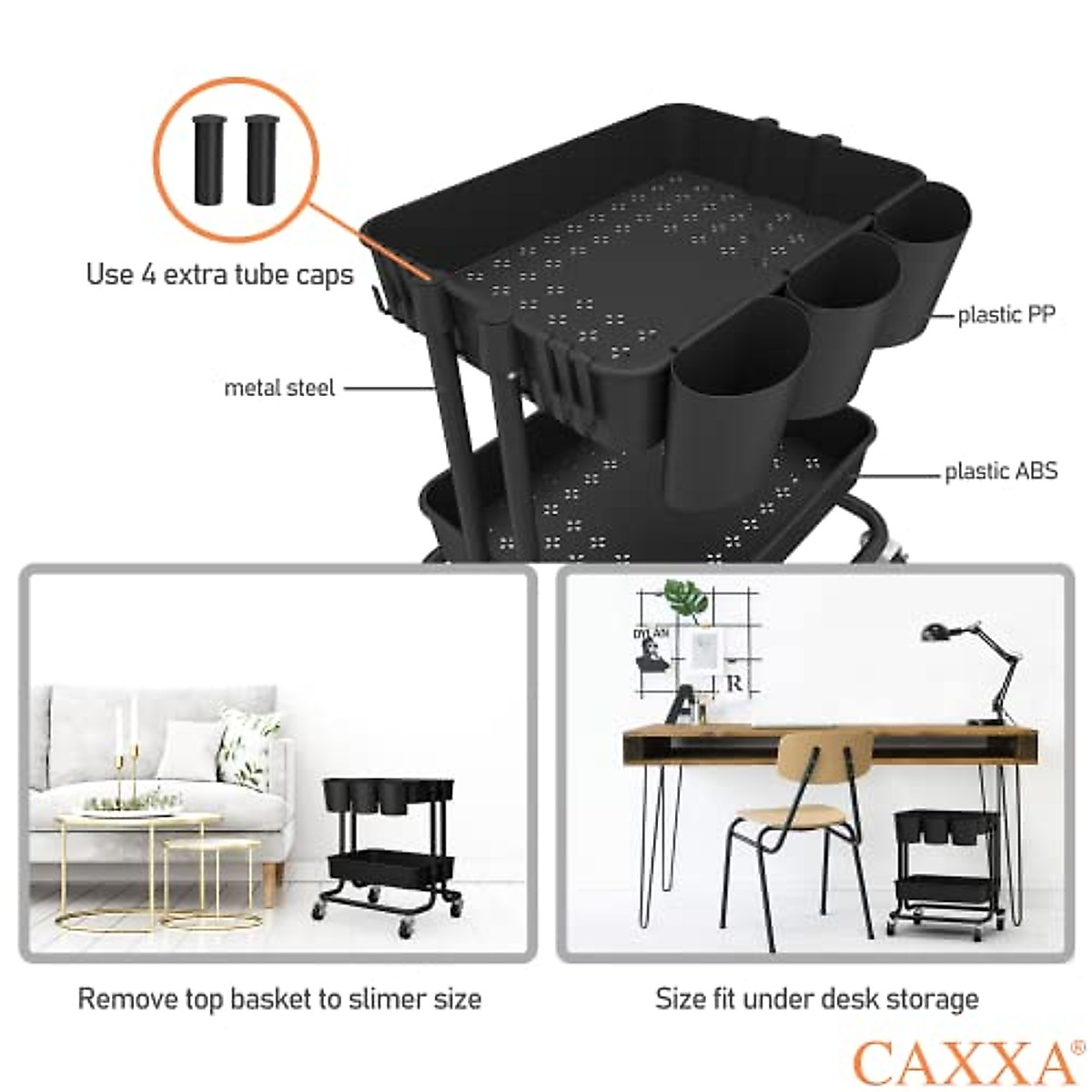 CAXXA 3-Tier Rolling Storage Organizer with 3 Small Baskets - Mobile Utility Cart with Caster Wheels (Black)