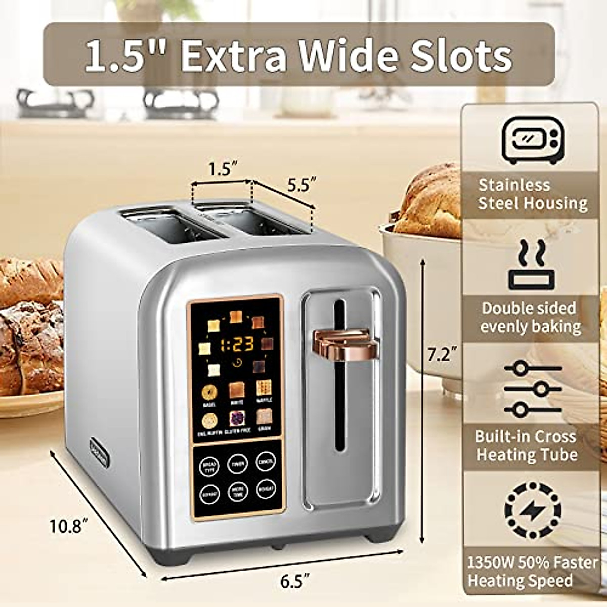 SEEDEEM Toaster 2 Slice, Stainless Steel Bread Toaster with LCD Display and Touch Buttons, 50% Faster Heating Speed, 6 Bread Selection, 7 Shade Settings, 1.5''Wide Slots Toaster with Cancel/Defrost/Reheat Functions, Removable Crumb Tray, 1350W, Silver Met