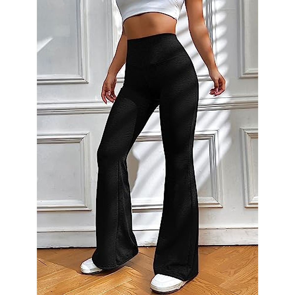 SOLY HUX Women's High Waisted Flare Leggings Sweatpants Bell Bottoms Bootcut Yoga Pants Plain Solid Black S