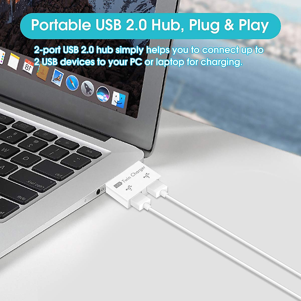 USB 2.0 Hub Adapter, USB Splitter Hub 2 Port USB Ultra Slim Data Hub for Device Charging(White)