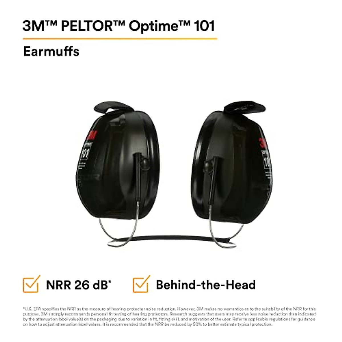 3M PELTOR Optime 101 Earmuffs H7B, Behind-the-Head, Black
