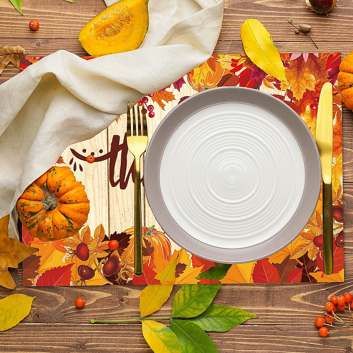 Whaline 100Pcs Fall Thanksgiving Paper Place Mats Pumpkin Leaves Disposable Placemats Autumn Seasonal Decorative Paper Table Mats, 14 x 9.8 Inch