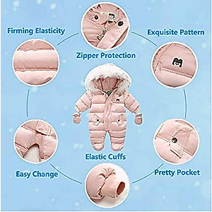 Pudcoco Toddler Baby Girls Boys Zipper Down Jumpsuits with Gloves, Winter Snowsuit Coat Romper Jumpsuit Outfits (D Pink Cotton Jacket + Gloves, 6-9M)