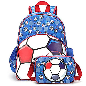 YOJOY Kids Backpack for Boys with Lunch Box Set Elementary School Bags 16 inch Primary Bookbags Football Dinosaur Backpacks (Blue Football Set)