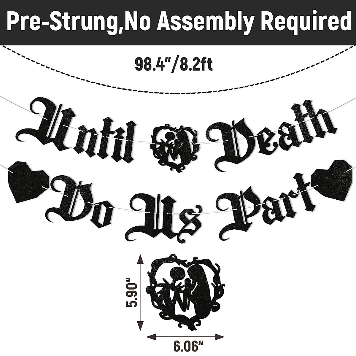 Until Death Do Us Part Banner - Skeleton Wedding Party Decorations, Gothic Wedding Bridal Shower Party Decorations, Halloween Wedding Bachelorette Party Decorations Black Glitter