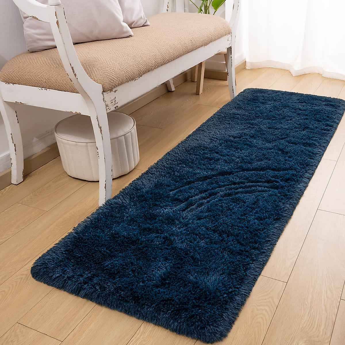 Maxsoft Soft Shaggy Runner Rug for Bedroom, 2x6 Feet Indoor Modern Fluffy Area Rugs Fuzzy Carpet for Hallway Bedside, Upgrade Non-Slip Shag Plush Rug for Dorm Living Room, Navy Blue