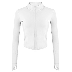 Gihuo Women's Athletic Full Zip Lightweight Workout Jacket Cropped Gym Yoga Track Jacket with Thumb Holes (White, Medium)