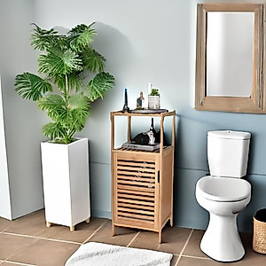 WHOLE HOUSEWARES Bamboo Shoe Rack Cabinet - Shelf Storage with Doors for Bathroom, Bedroom, and Kitchen- Freestanding Entryway Organizer Furniture - Multi-Tier Wood Cabinets for Small Spaces