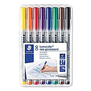 STAEDTLER Lumograph Non-Permanent Wet Erase Marker Pens, Fine Tip Refillable Colored Markers, 8 Pack, 315 WP8