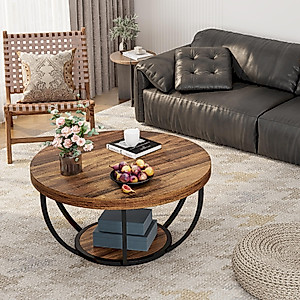 Tribesigns Round Coffee Table, 31.7" Wooden 2-Tier Circle Coffee Table with Storage Shelves, Modern Accent Cocktail Table Center Table for Living Room, Rustic Brown