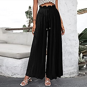 Womens Wide Leg Palazzo Pants High Waisted Lounge Pant Smocked Pleated Loose Casual Pant Suits for Women (Black, XL) X-Large