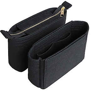 HyFanStr Felt Insert Bag Organizer with Zipper, Small Handbag Purse Organizer Tote Liner Pouch for Women, 2 Pcs Set Black