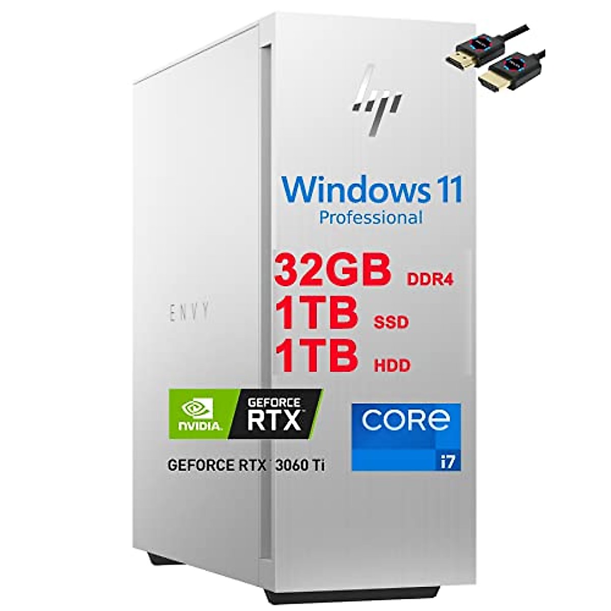 HP Envy Gaming Desktop Computer | 12th Gen Intel 12-Core i7-12700 Processor | 32GB DDR4 1TB SSD + 1TB HDD | GeForce RTX 3060 Ti 8GB Graphic | DisplayPort USB-C Thunderbolt Win11Pro + HDMI Cable