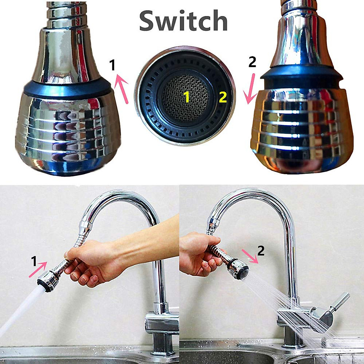 Flexible Faucet Sprayer Attachment 360 ° Kitchen Sink Aerator Extender ABS Polished Chrome for Cold Hot Water (Silver）