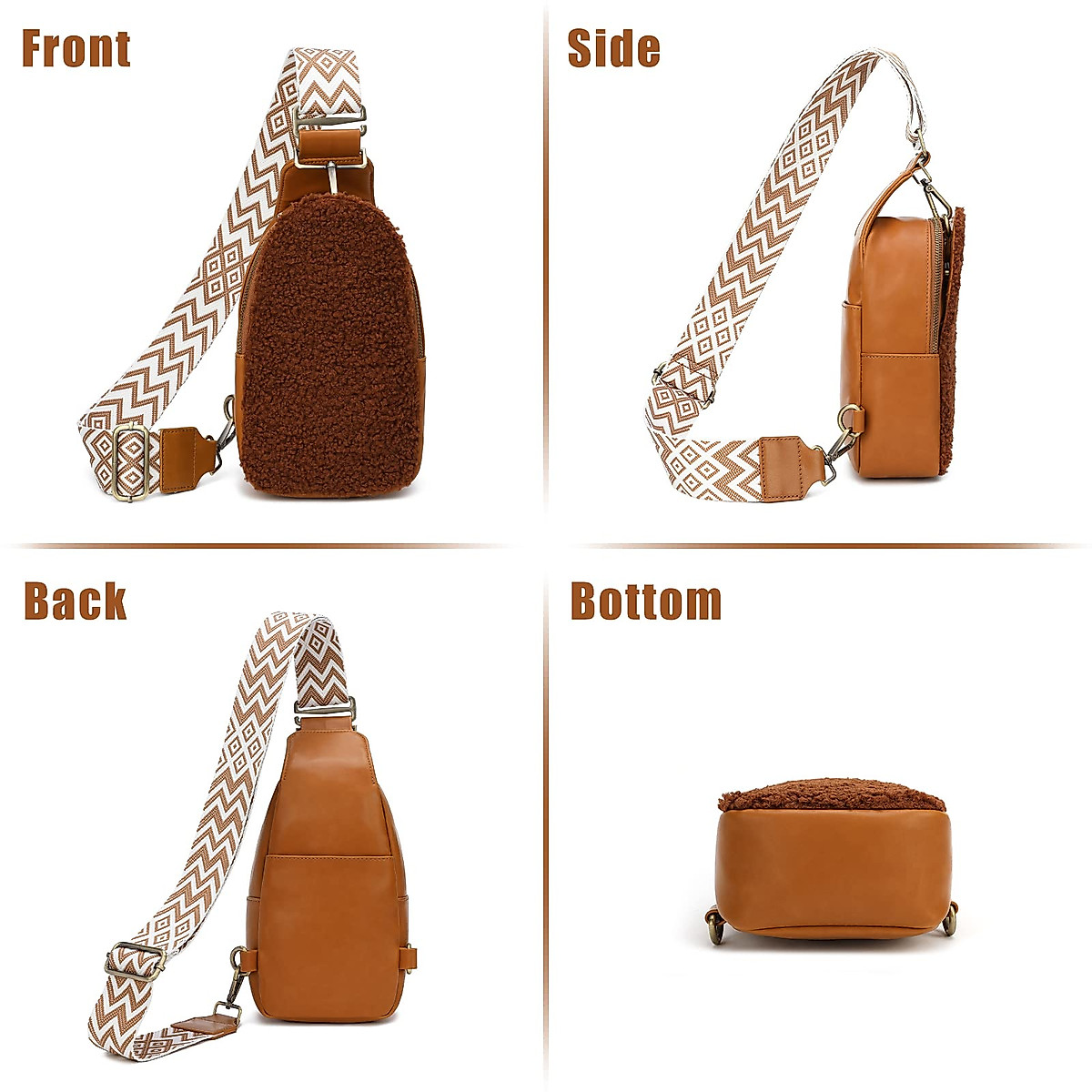 AI EN JIU Sling Bag for Women, Fleece Crossbody Fanny Pack Sling Chest Bag for Women，Leather Sherpa Sling Daypack Shoulder Backpack with 2 Adjustable Straps(Brown)