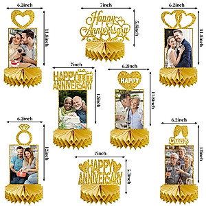 Eucutur 8Pcs Gold Happy Wedding Anniversary Decorations Honeycomb Centerpiece, Gold Glitter Anniversary Photo Table Centerpiece Party Supplies, 25th 30th 40th 50th 60th Gold Anniversary Table Topper